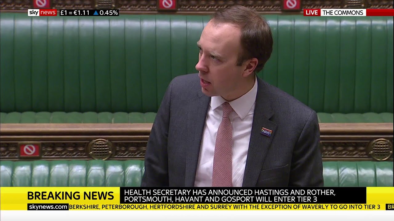 Watch Live Matt Hancock Announces Almost All Tier 3 Areas Will Remain