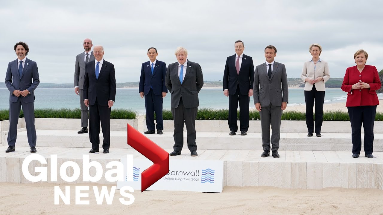 G7 summit: World leaders pose for socially-distant "family photo" on ...
