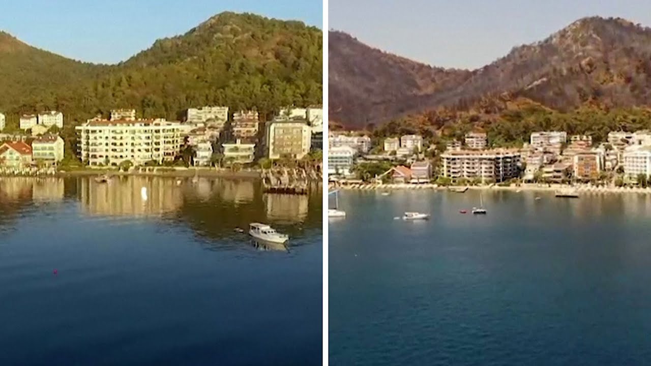 Drone footage has revealed the extent of the damage caused by wildfires ...