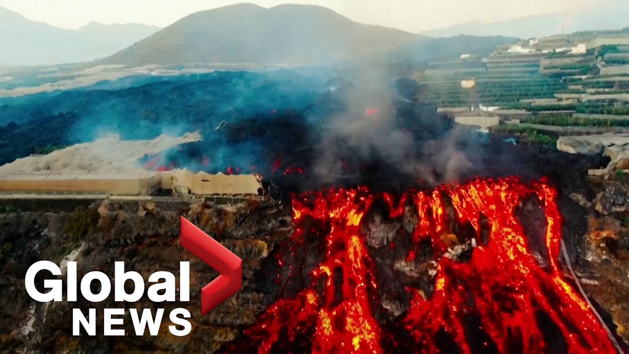 La Palma volcano: Drone video shows "lava lakes" flowing as earthquakes ...