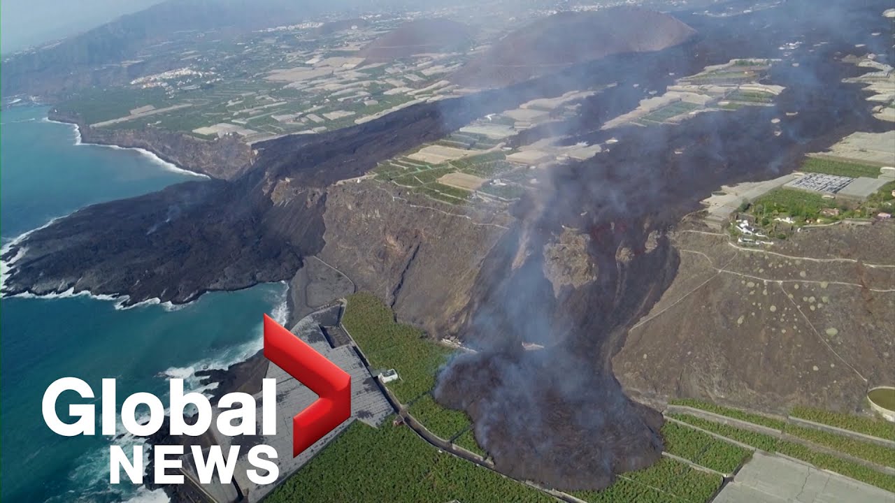 La Palma volcano: Drone video shows 2nd lava stream engulfing ...