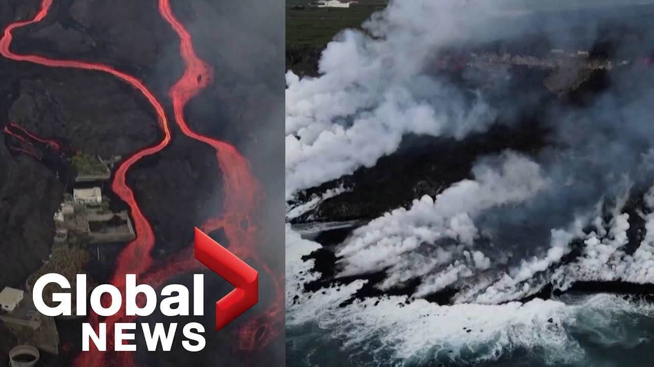 La Palma volcano: Drone video shows new lava delta forming along ...