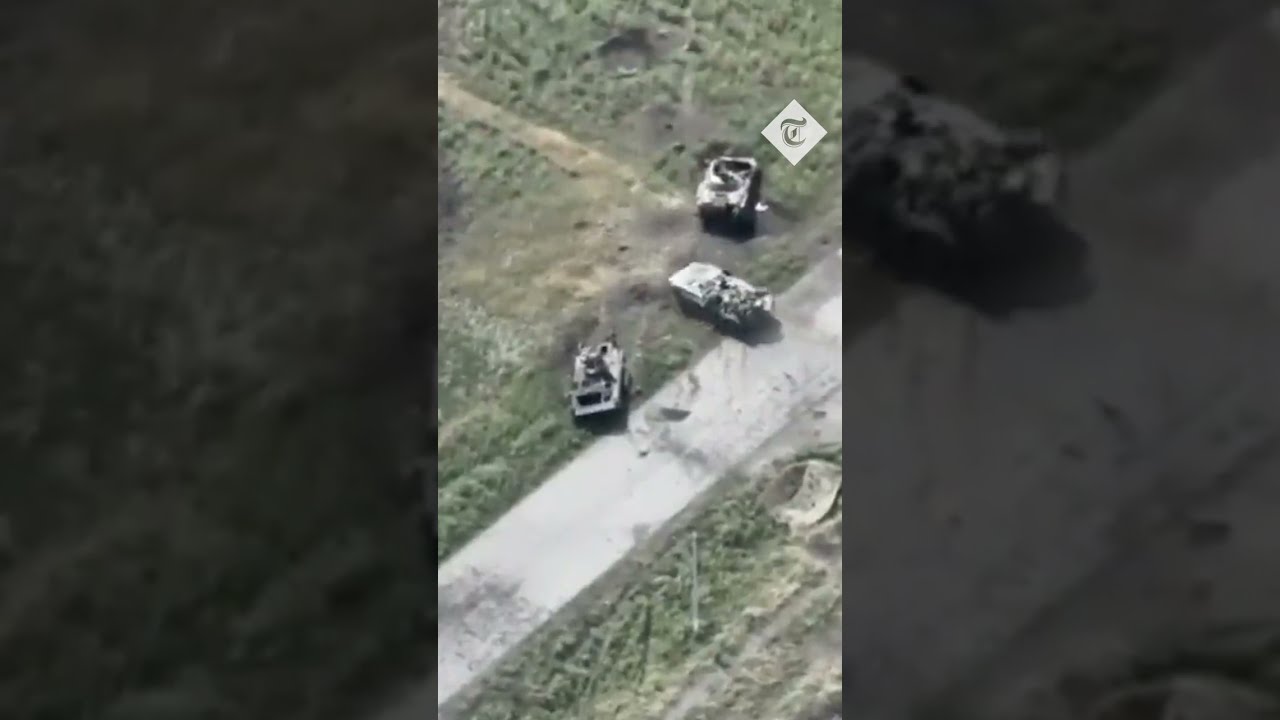 Russian tank hits a mine after attempting to navigate between two ...