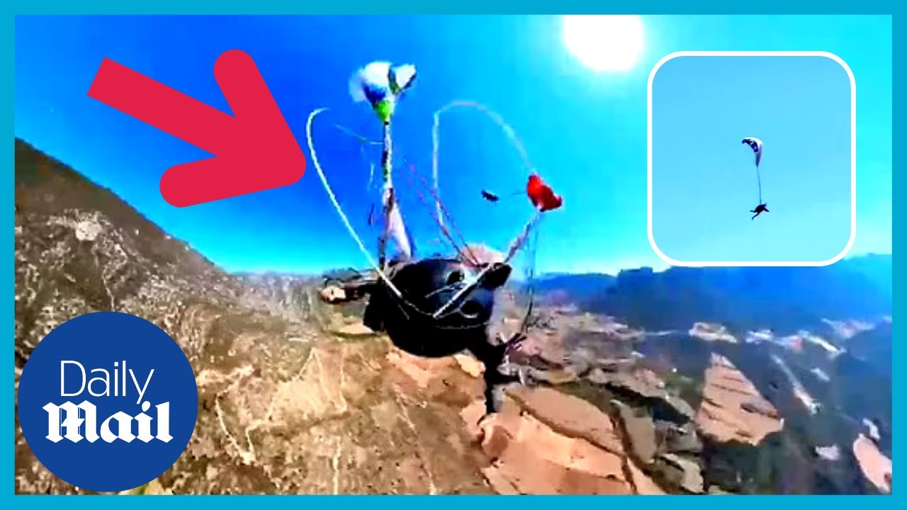Jump but parachute doesn't open: Crazy moment paraglider avoids death ...