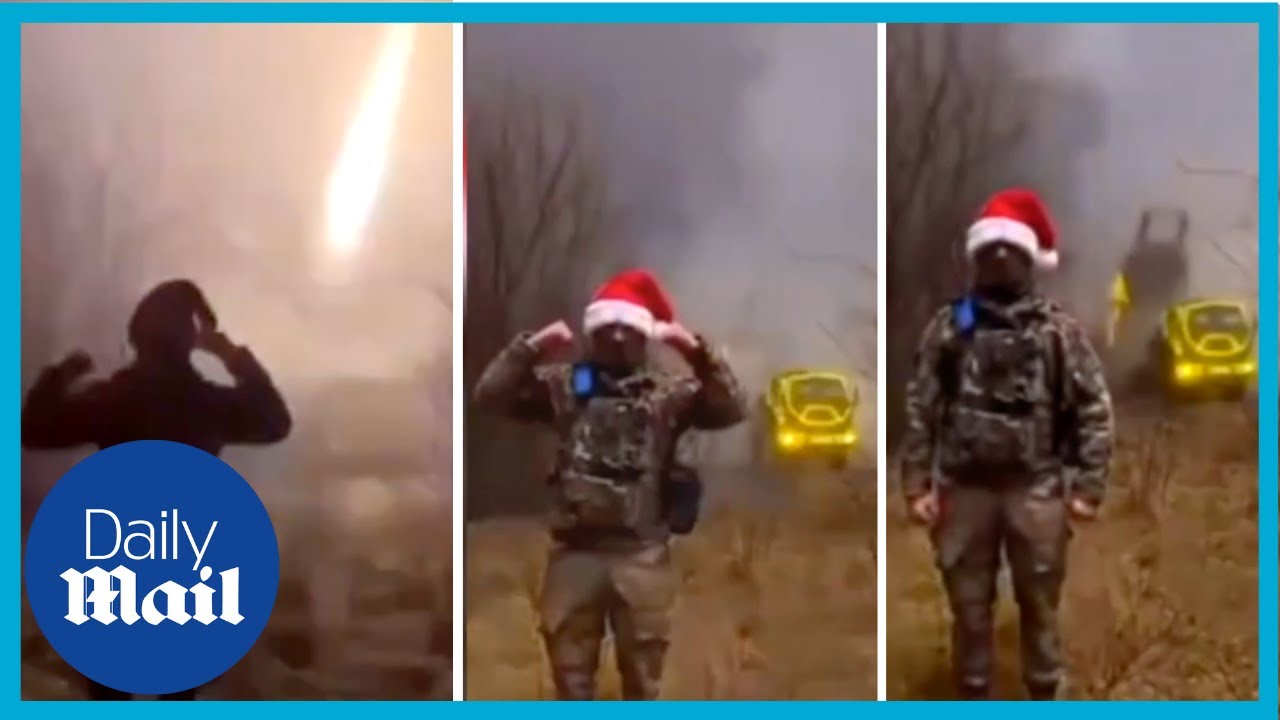 Ukraine soldier wears Santa hat as HIMARs missiles are launched ...