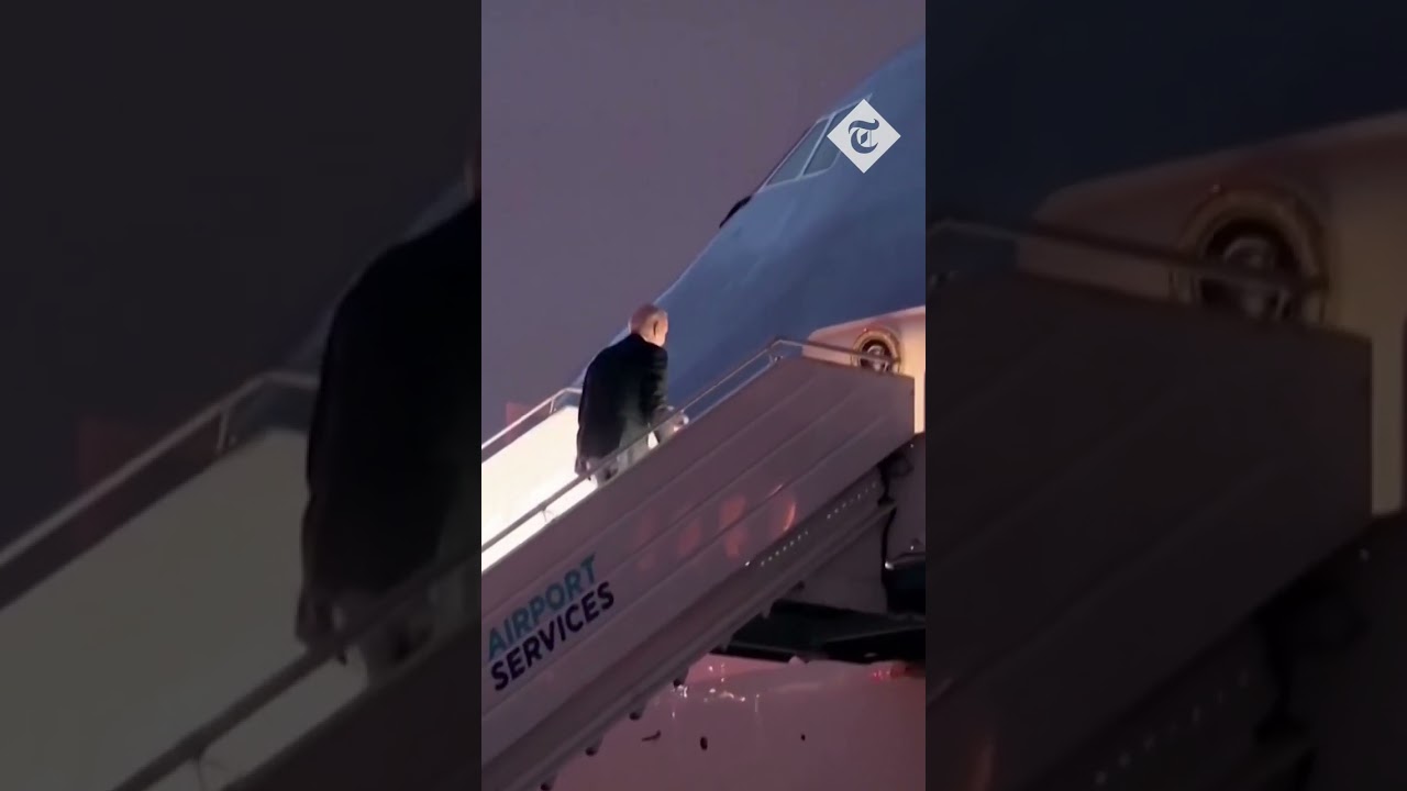 Moment US President Joe Biden trips up Air Force One stairs before ...