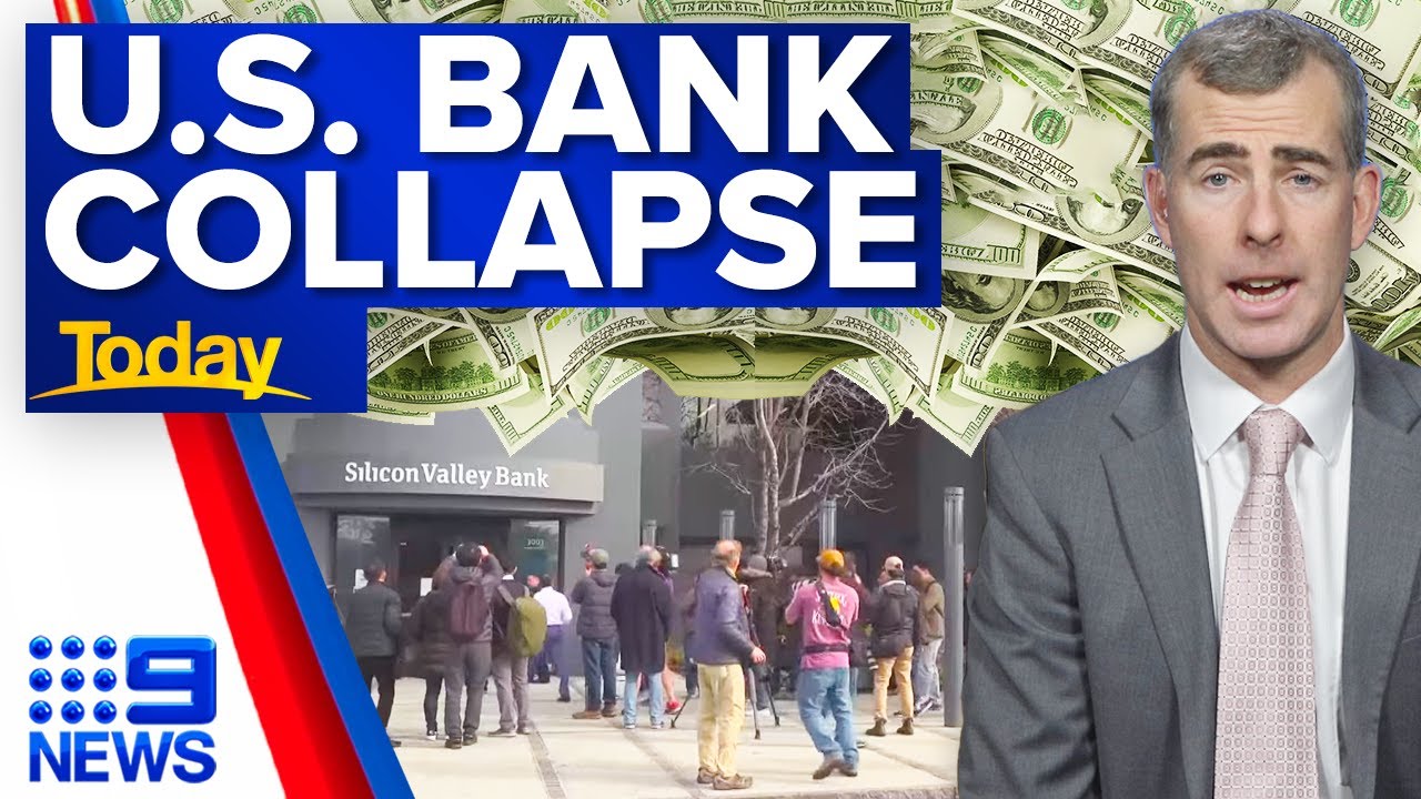 Huge lines form outside US bank after collapse | 9 News Australia - The ...