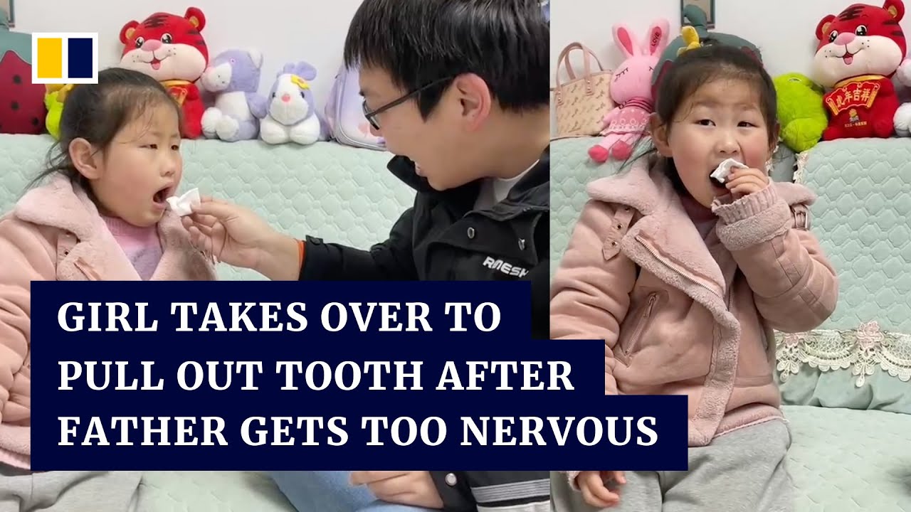 Chinese girl takes over to pull out her loose tooth after her father ...