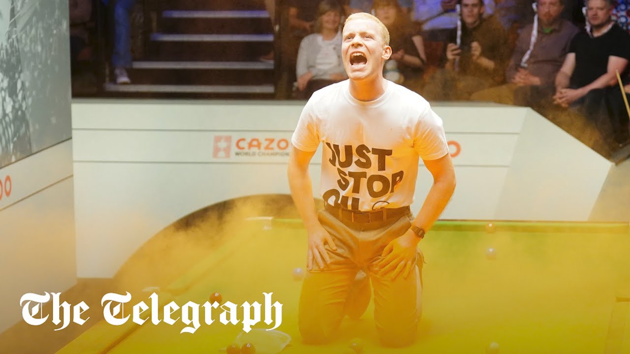 Just Stop Oil protester storms table at World Snooker Championship ...