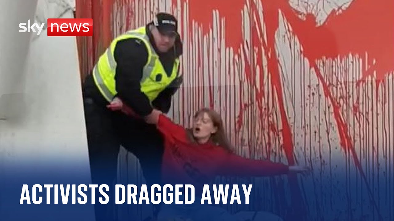 Climate activists dragged away by police after throwing paint at ...