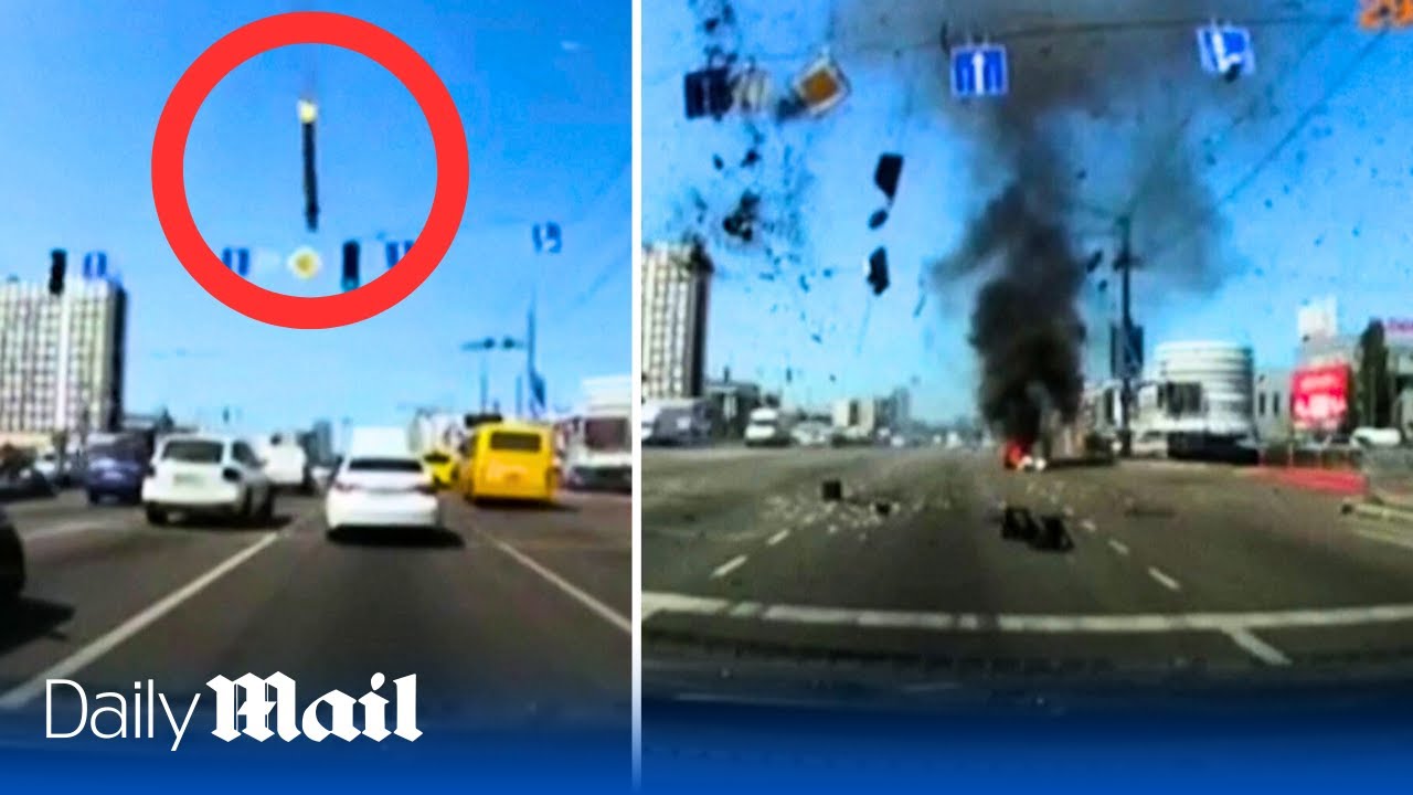 Falling missile almost obliterates cars on Kyiv road dashcam footage ...