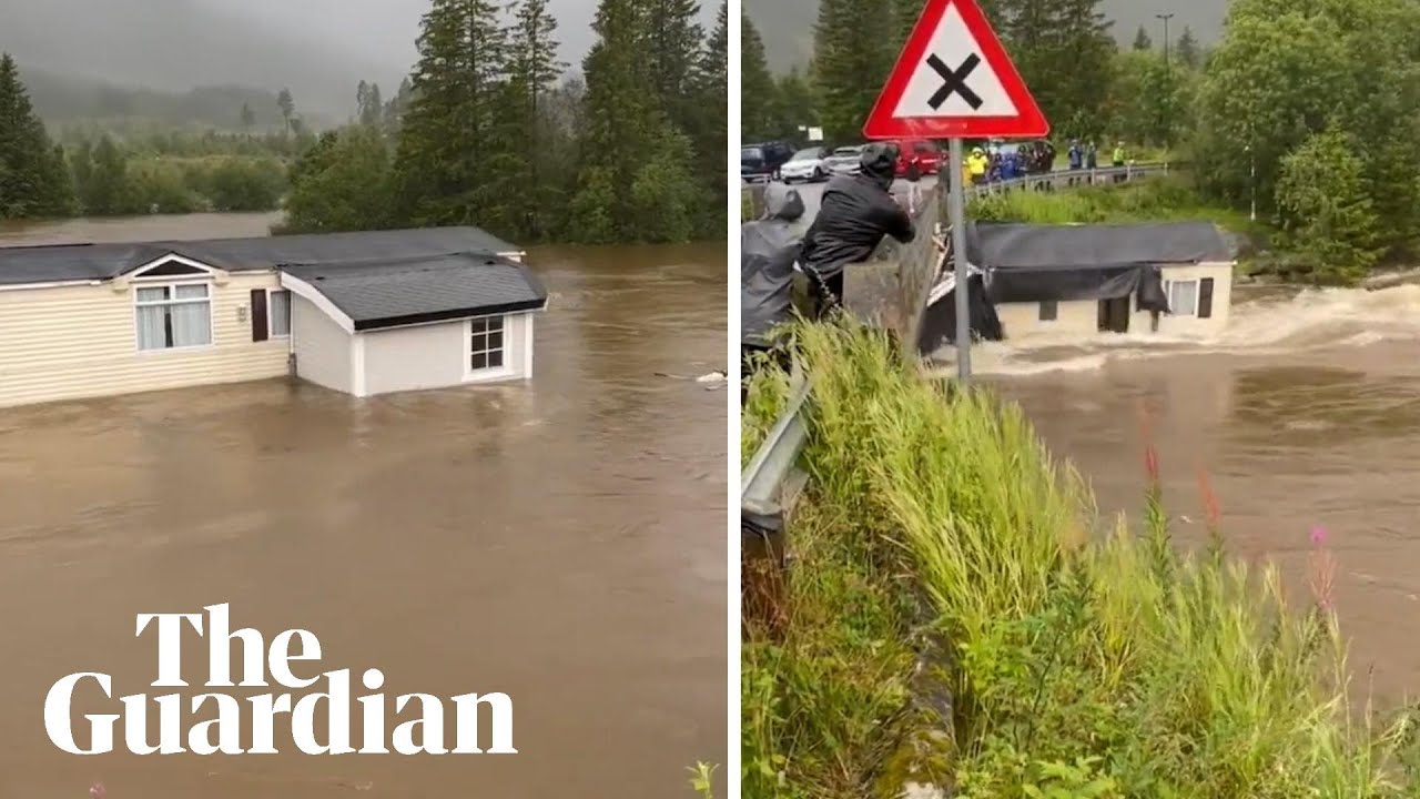 Storm Hans: moment mobile home dragged away by floodwater in Norway ...