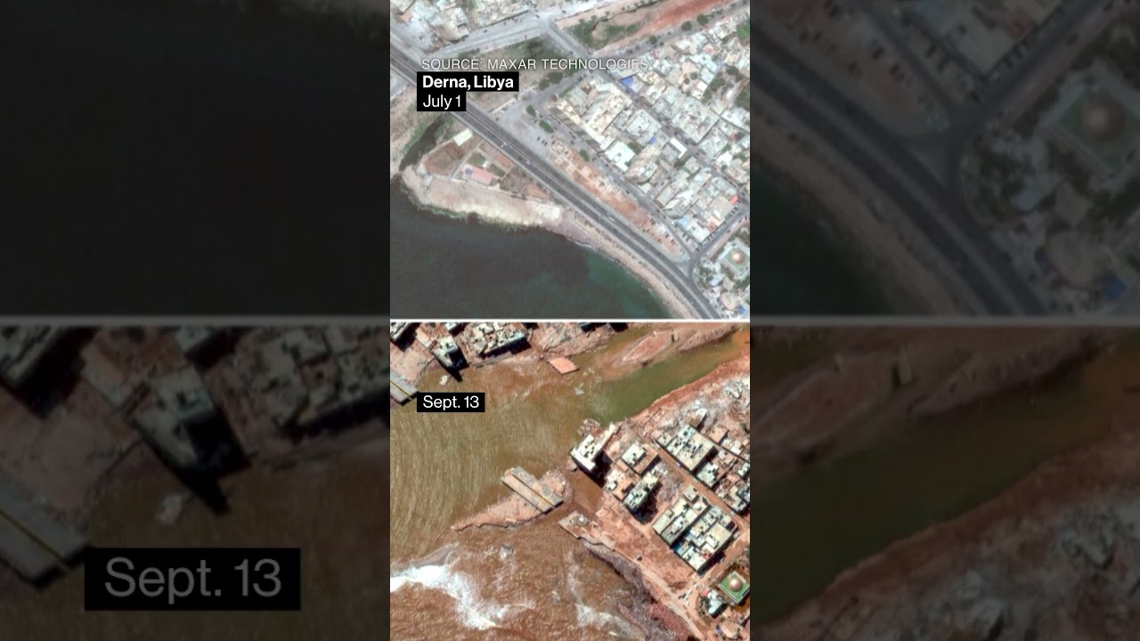 Before and after pictures show the devastation from flooding in #libya ...