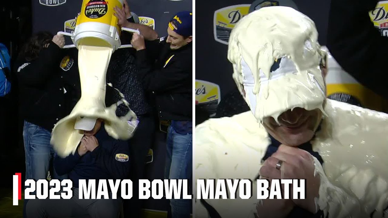 WVU coach DOUSED in Mayo after winning the 2023 Duke's Mayo Bowl | ESPN ...